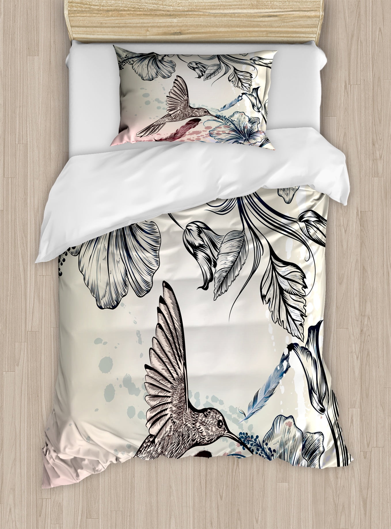 Hummingbird Duvet Cover Set, Floral Art in Vintage Style Bird Hibiscus ...