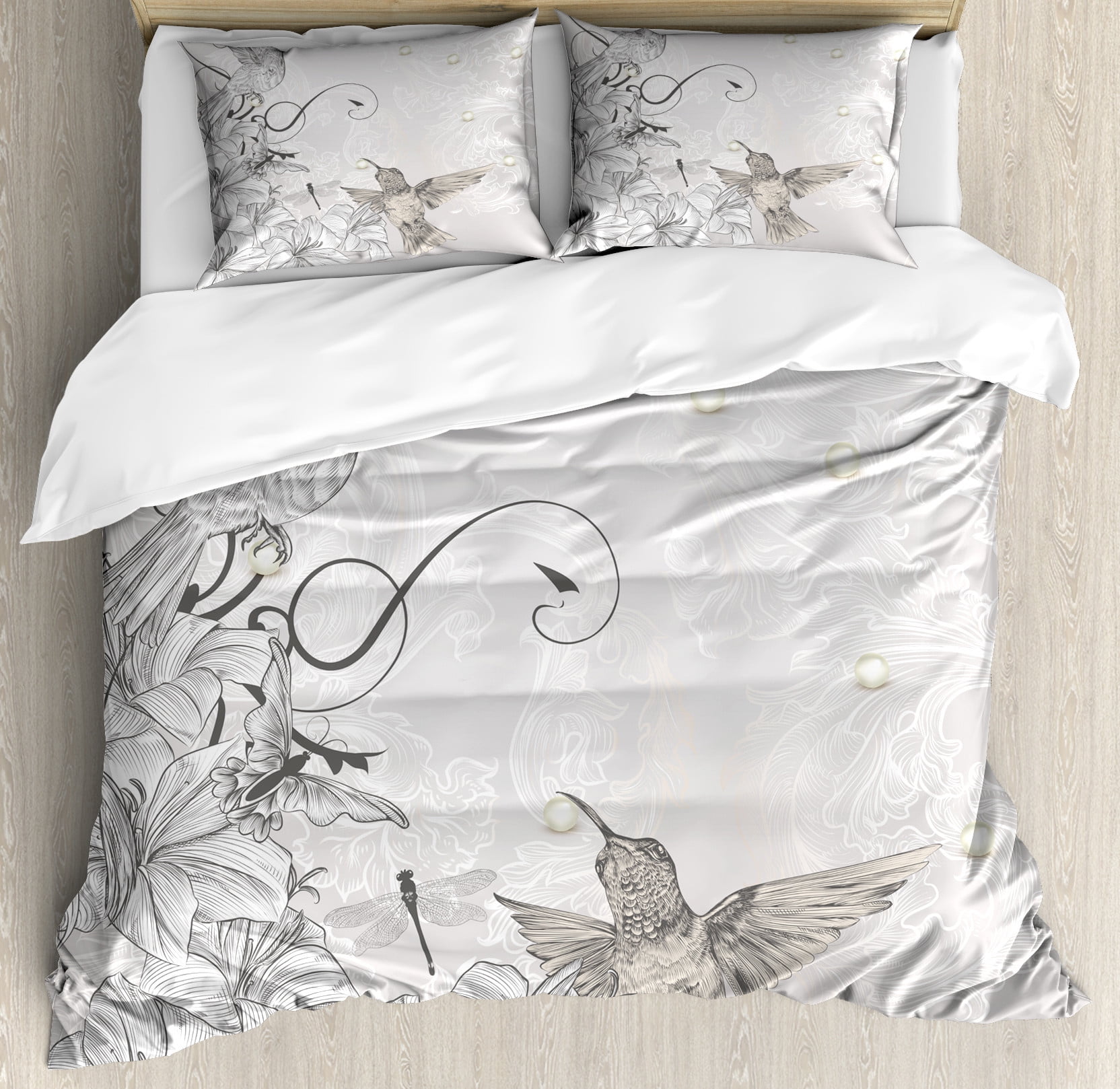 Hummingbird Duvet Cover Set, Floral Ornamental Vintage Hand Drawn ...