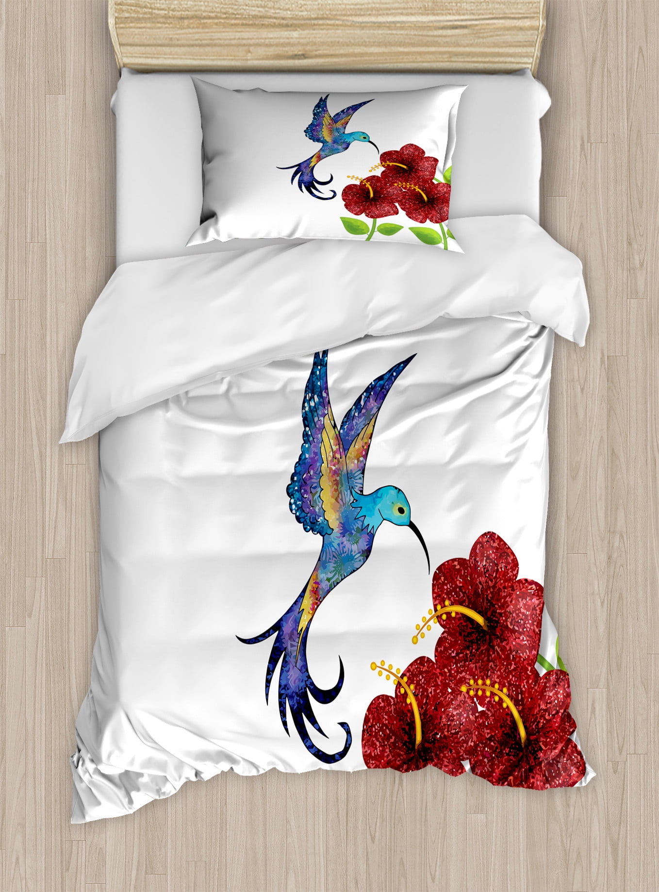 Hummingbird Duvet Cover Set, Hummingbird in Flower Garden Fantasy Tails ...