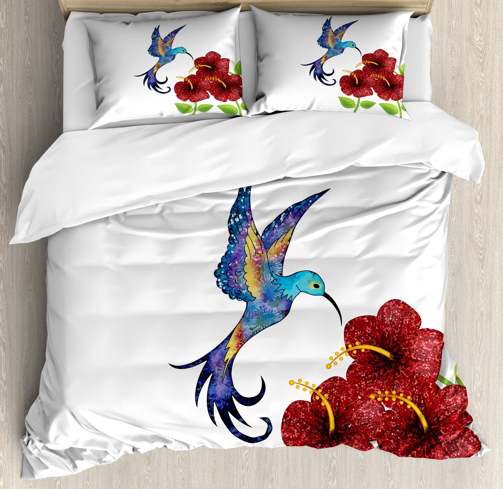 Hummingbird Duvet Cover Set, Hummingbird in Flower Garden Fantasy Tails ...