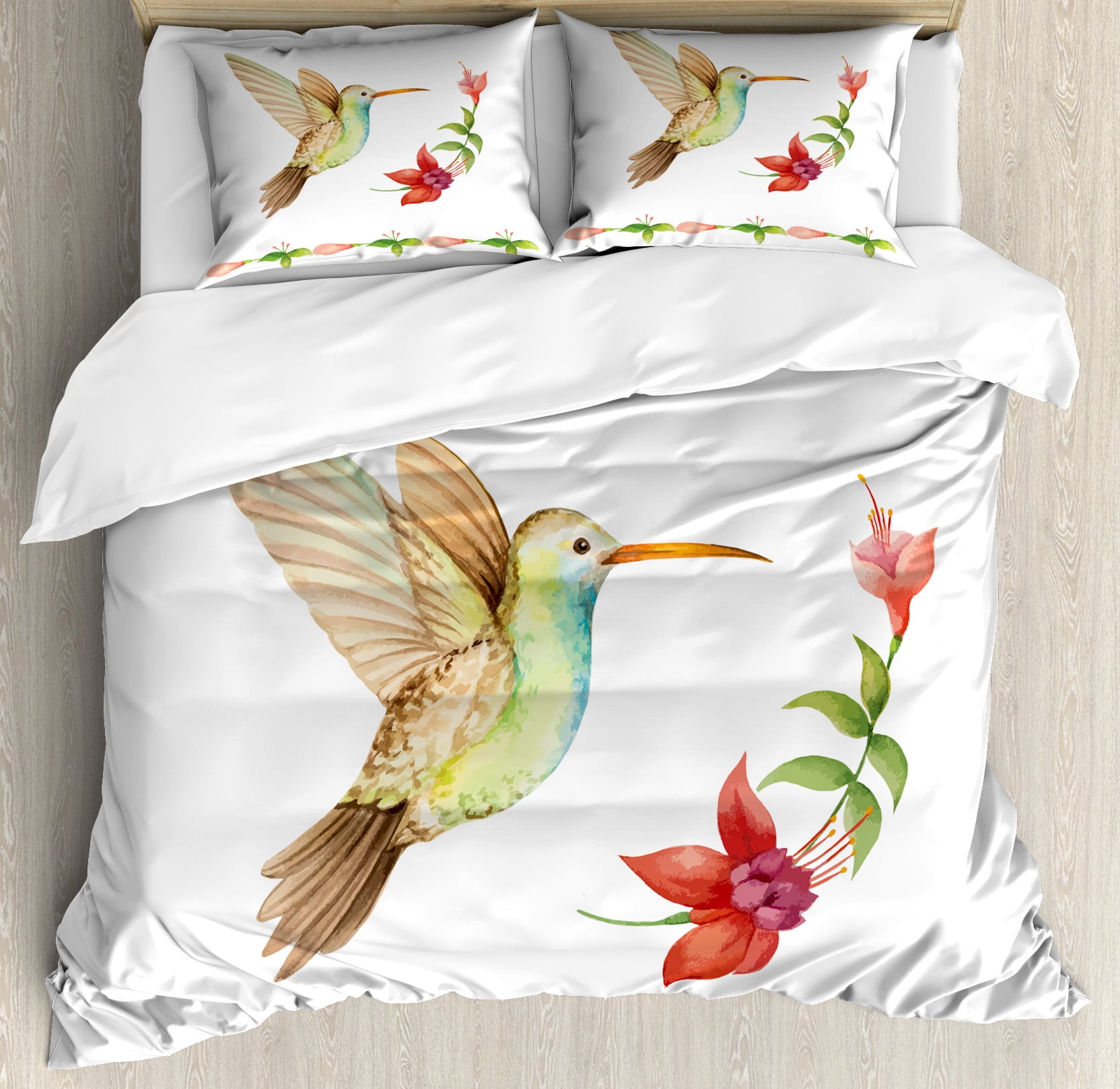 Hummingbird Duvet Cover Set, Hummingbird Flying over a Fuchsia Flower ...