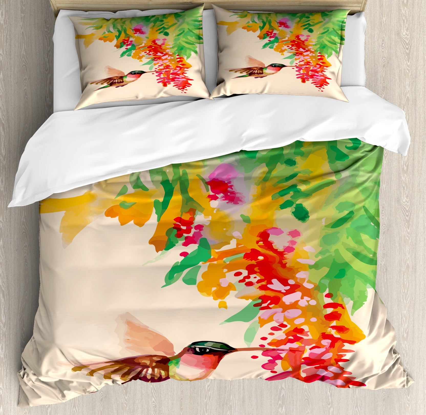 Hummingbird Duvet Cover Set, Image of Colibri Bird and Flowers Exotic ...