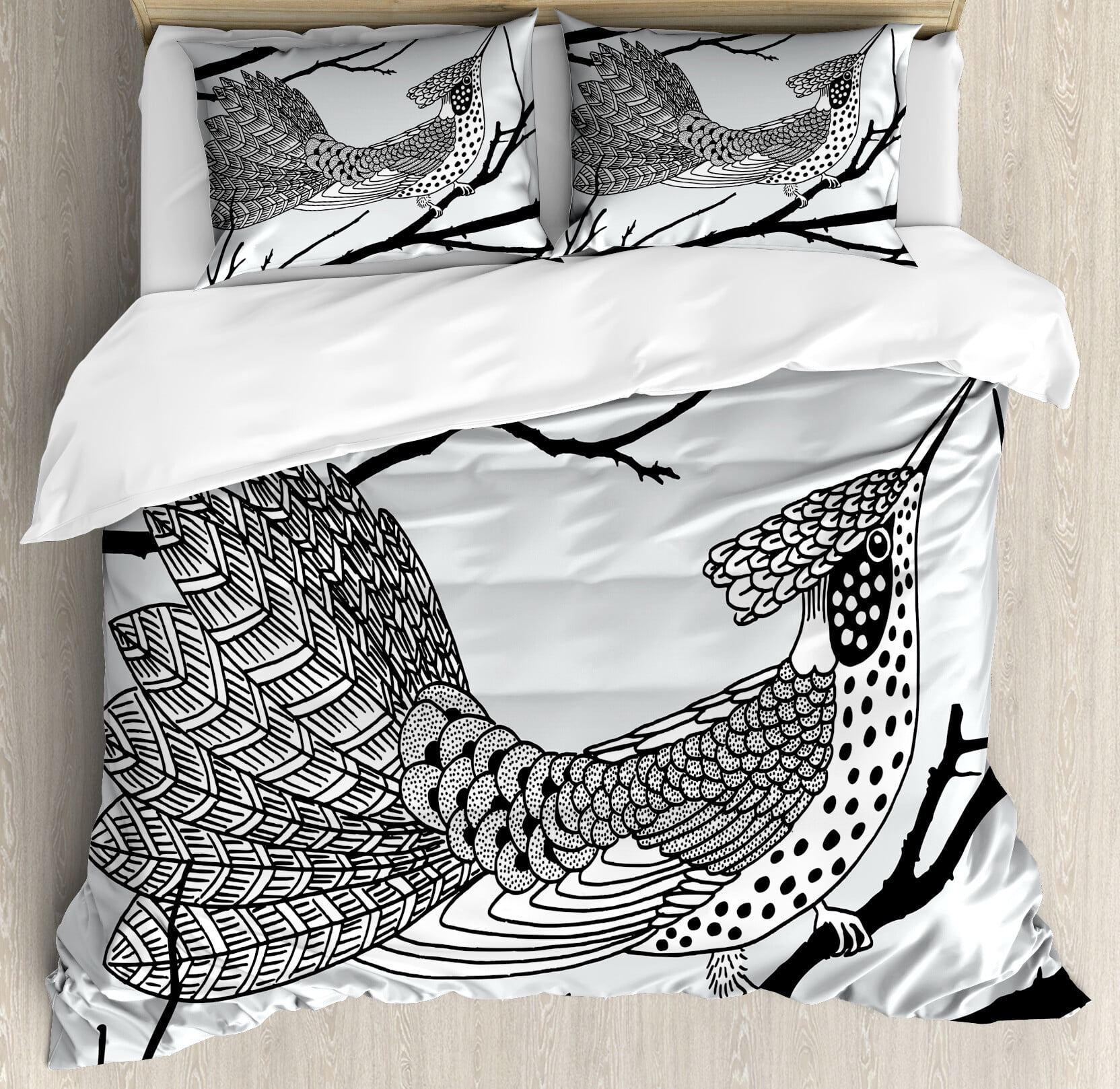 Hummingbird Duvet Cover Set, Monochromatic Hand Drawn Ornamental ...