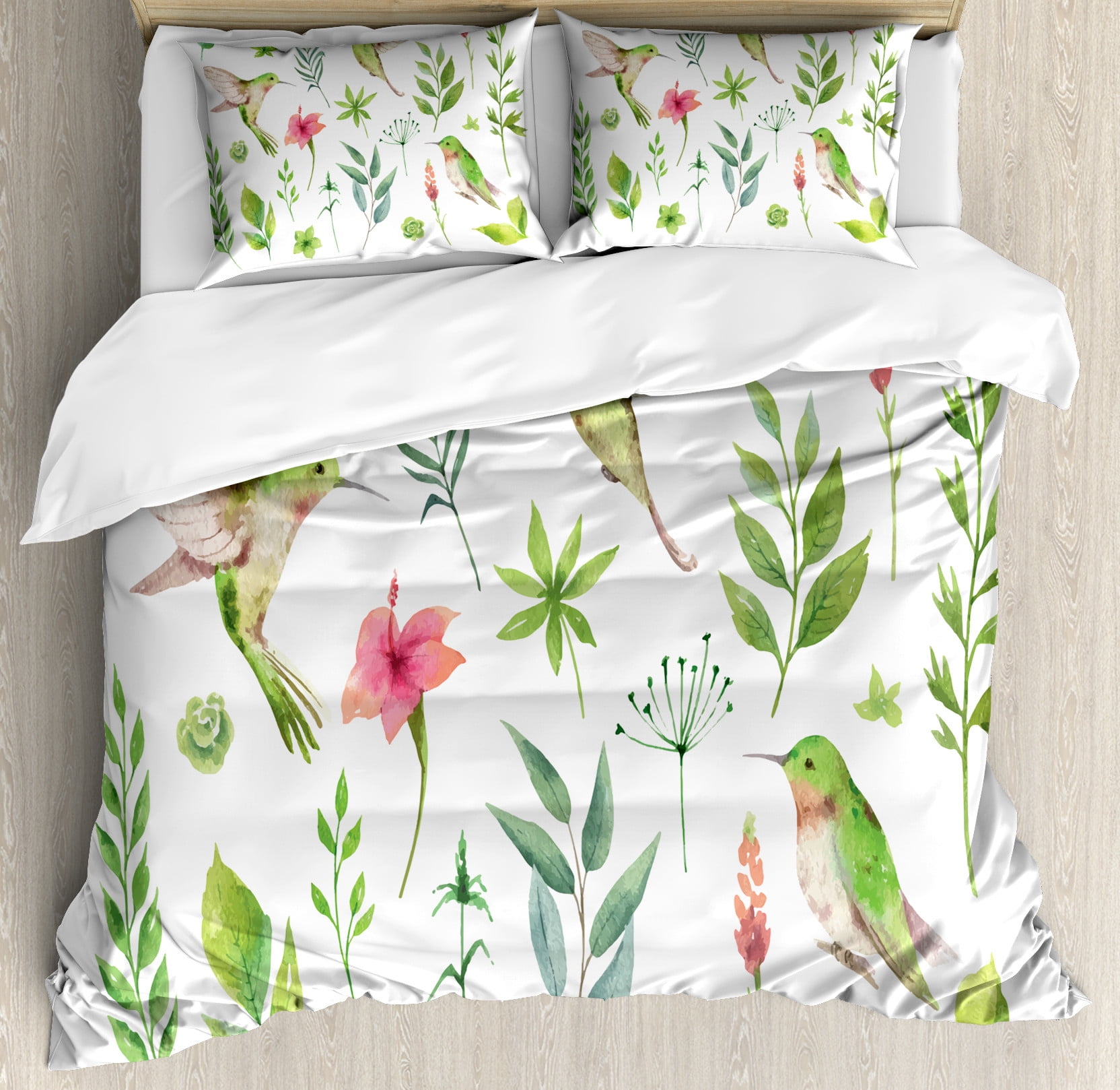 Hummingbird Duvet Cover Set, Nature Spring Plant Herb Themed Isolated Leaves Twig Birds ...