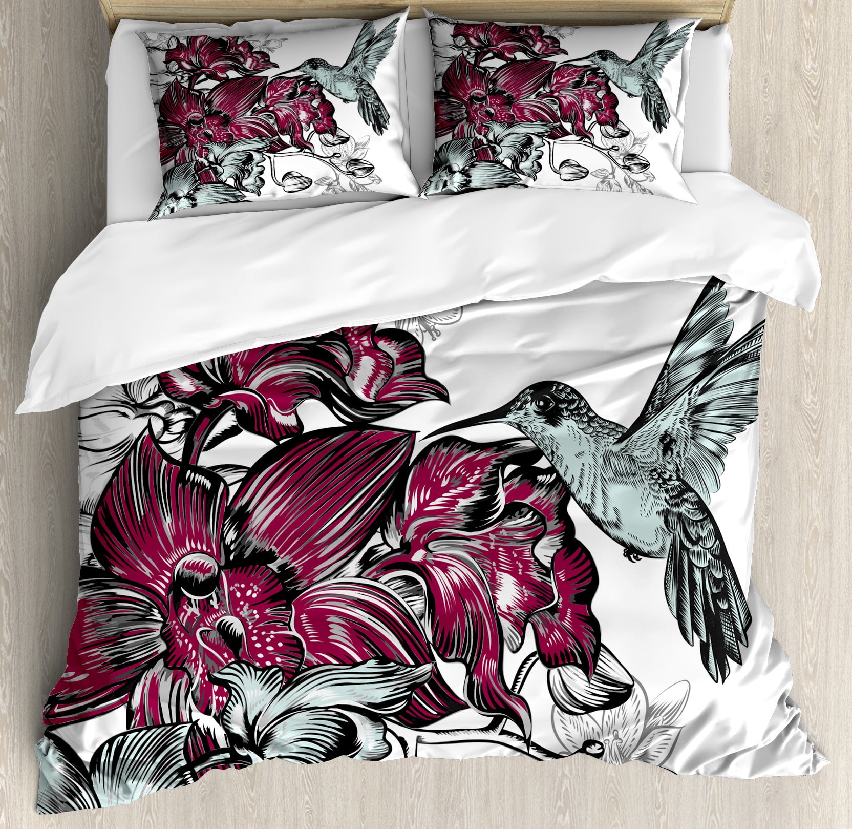 Hummingbird Duvet Cover Set, Orchid Flowers Bouquet and a Hummingbird ...