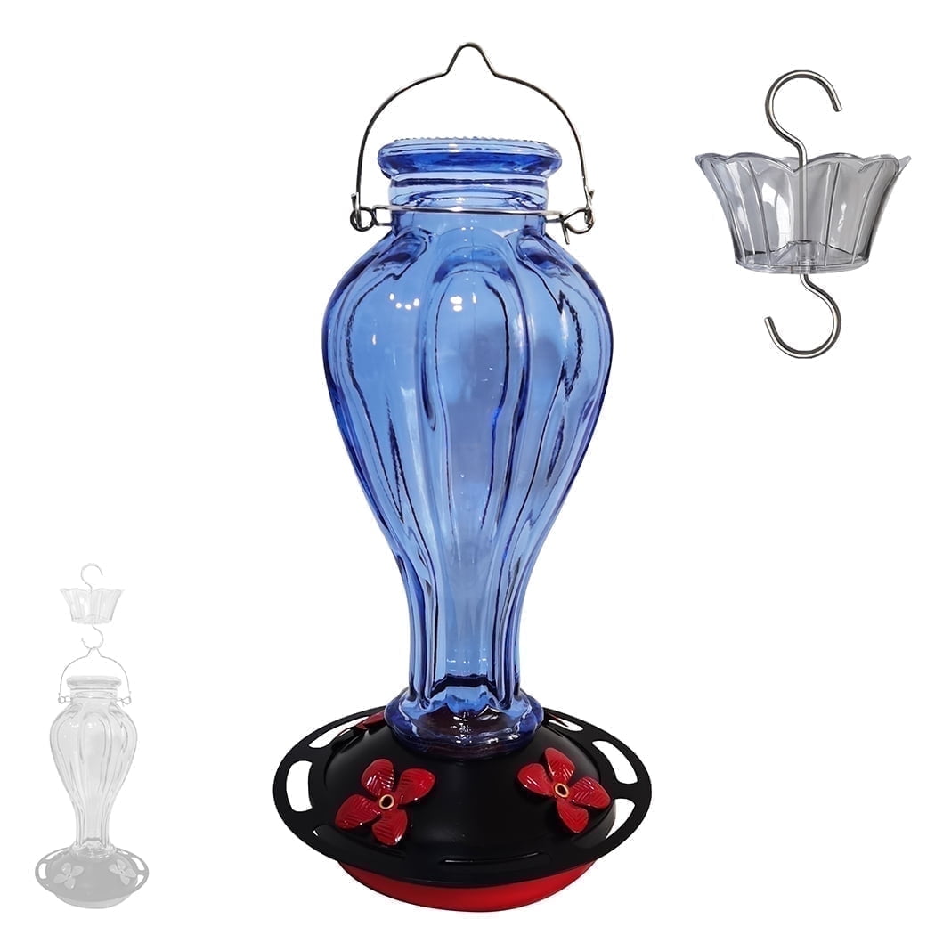 HOLAHOMA Hummingbird Feeder with Blue Glass Bottle, 24 OZ Capacity, 4 ...
