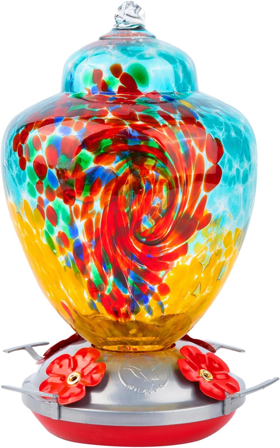 Hummingbird Feeder with Perch - Hand Blown Glass - 38 Fluid Ounces ...