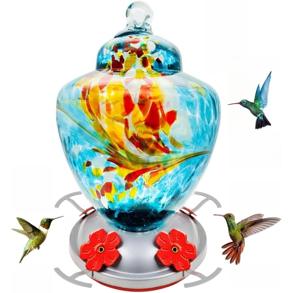 Hummingbird Feeder with Perch - Hand Blown Glass - Blue - 38 Fluid ...