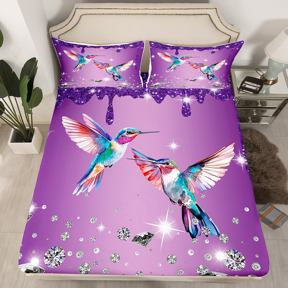 Hummingbird Fitted Sheet Purple Sequin Fluid Art Bed Sheets Full ...