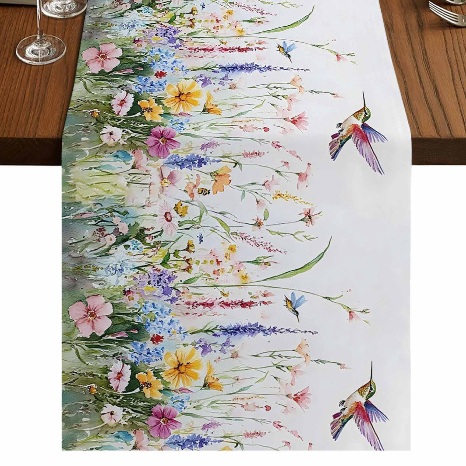 Hummingbird Floral 120 Inch Table Runner, Farmhouse Floral Botanical ...