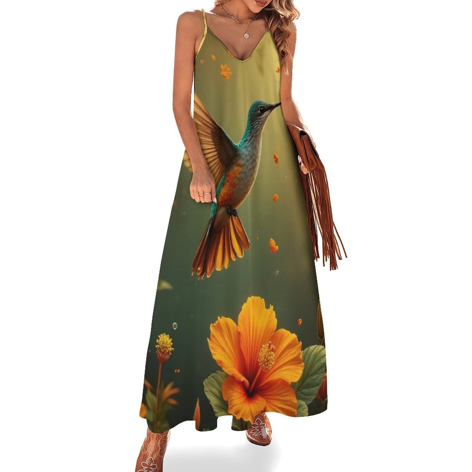 Hummingbird Floral Bloom Sleeveless Dress Women's Luxury Party Dress ...