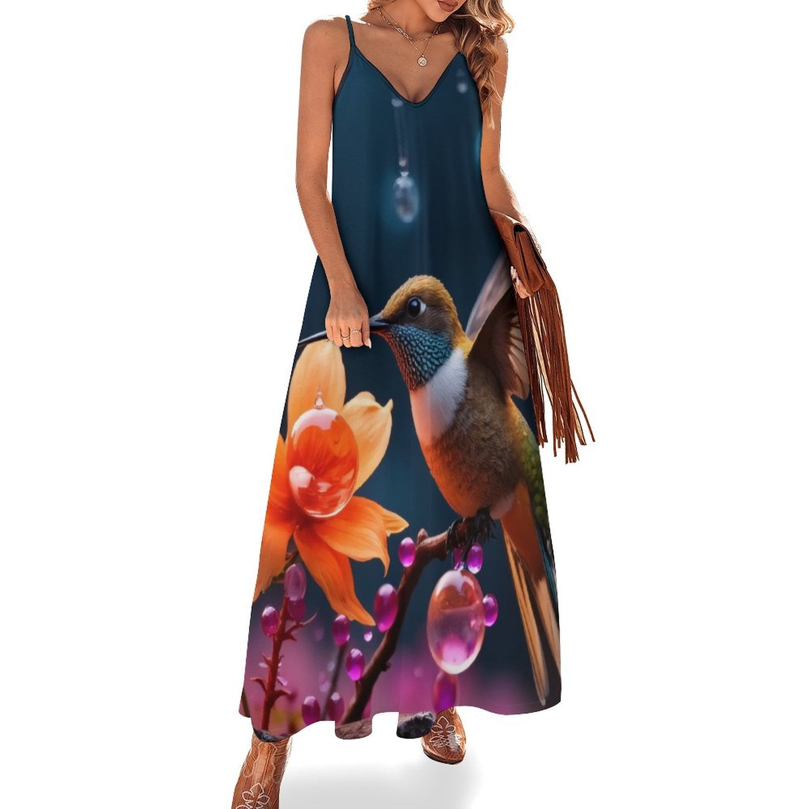 Hummingbird Floral Fantasy Sleeveless Dress Woman Fashion Long Dresses ...