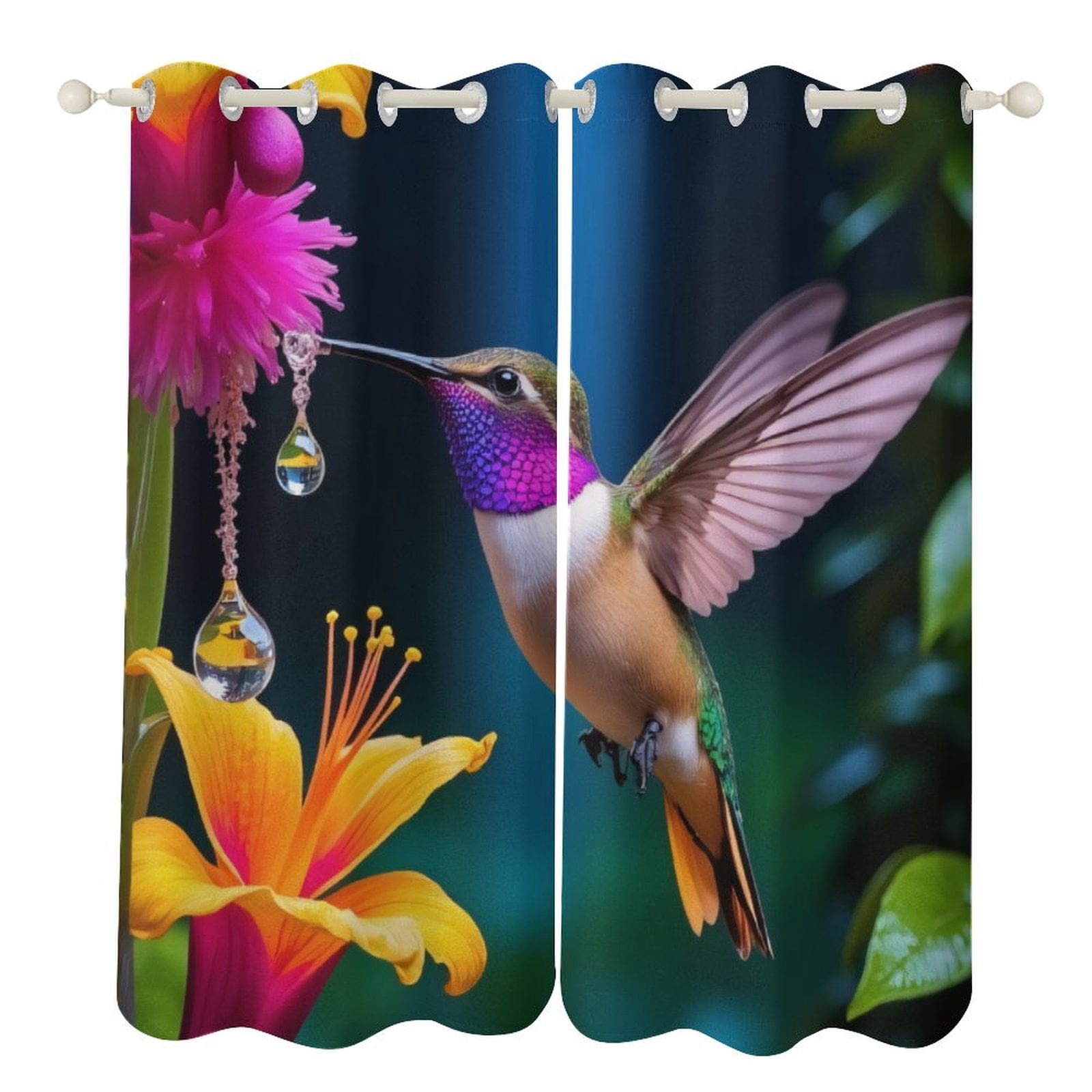 Hummingbird Floral Garden Blackout Window Curtains for Bedroom Living ...