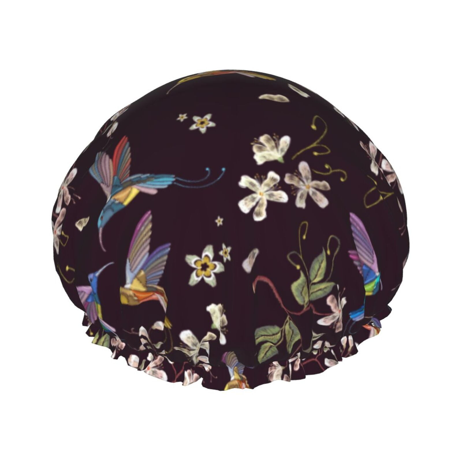 Hummingbird Floral Print Black Shower Cap for Women, Double Waterproof ...