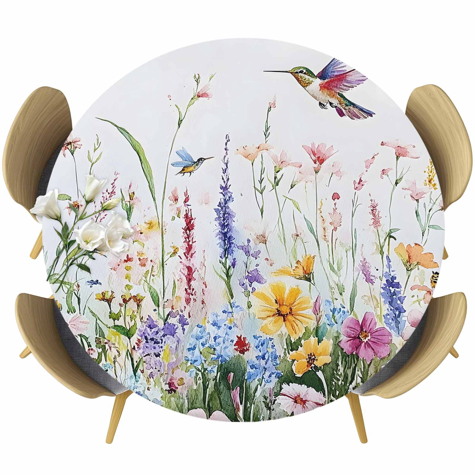 Hummingbird Floral Round Tablecloth 55-60 Inch Round Fitted Table Cloth ...
