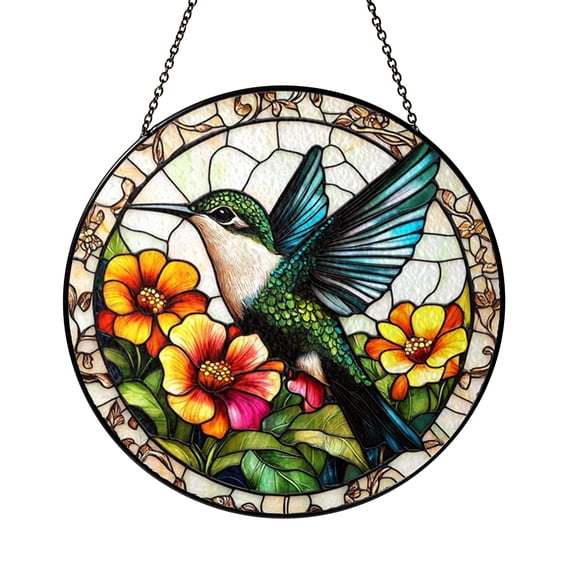 Hummingbird Floral Window Hanging Decor, Stained Glass Style Fantasy ...