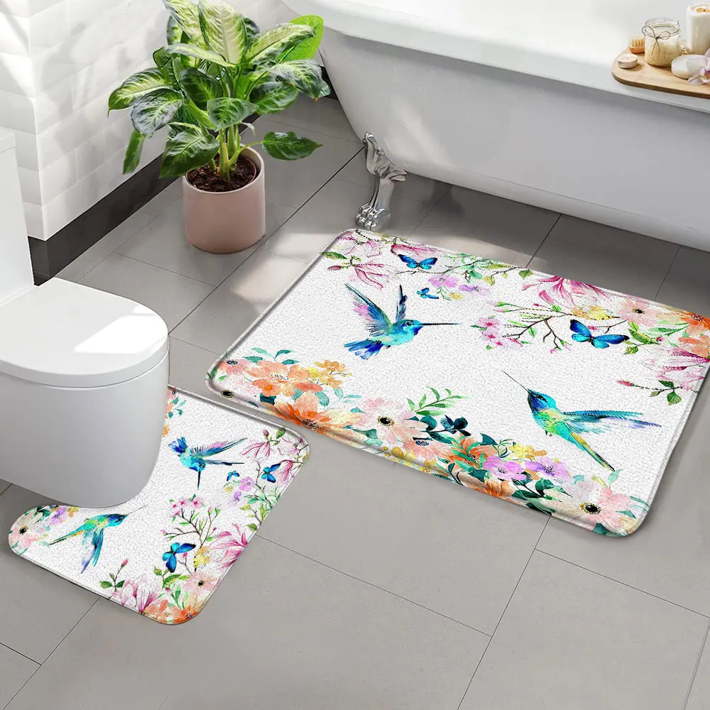 Hummingbird Flower Bathroom Rug Watercolour Bird Flower Home Toilet ...
