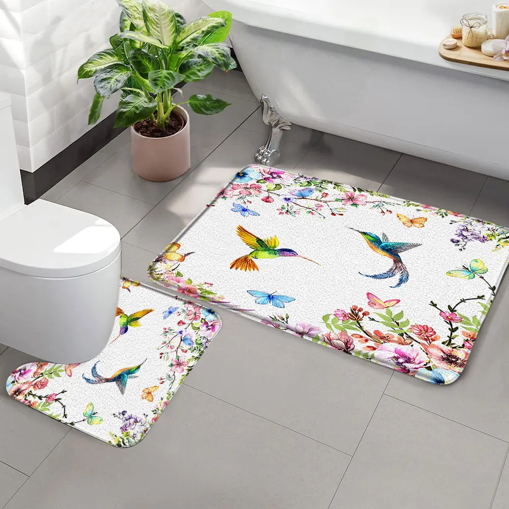 Hummingbird Flower Bathroom Rug Watercolour Bird Flower Home Toilet ...
