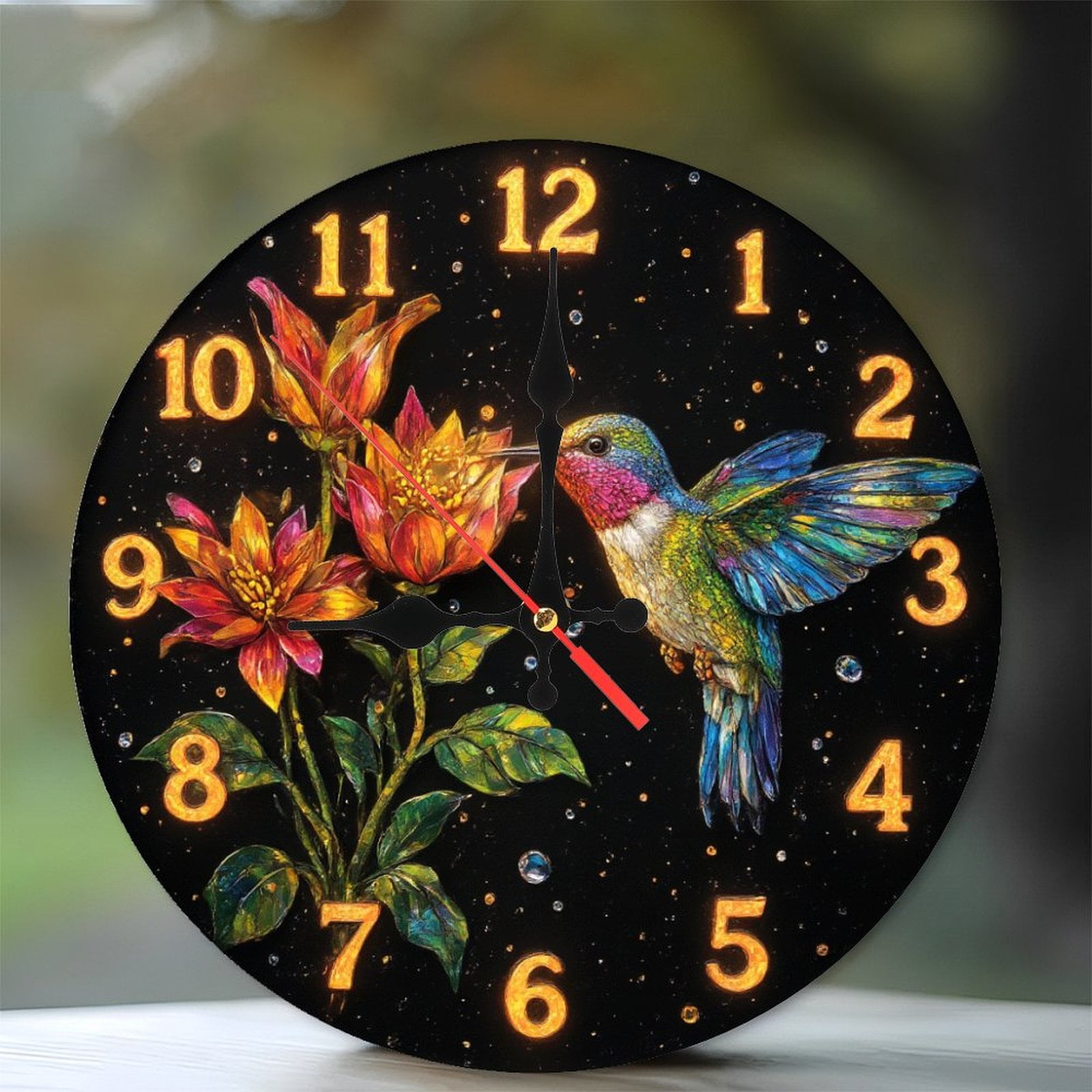 Hummingbird Flower Clock Wall Art Decor Mosaic Glass Painting 10-Inch ...