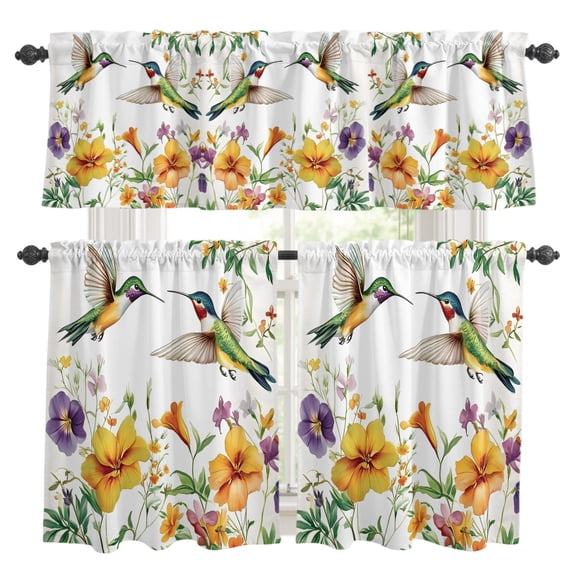 Hummingbird Flower Kitchen Curtains Set for Windows, Spring Floral ...