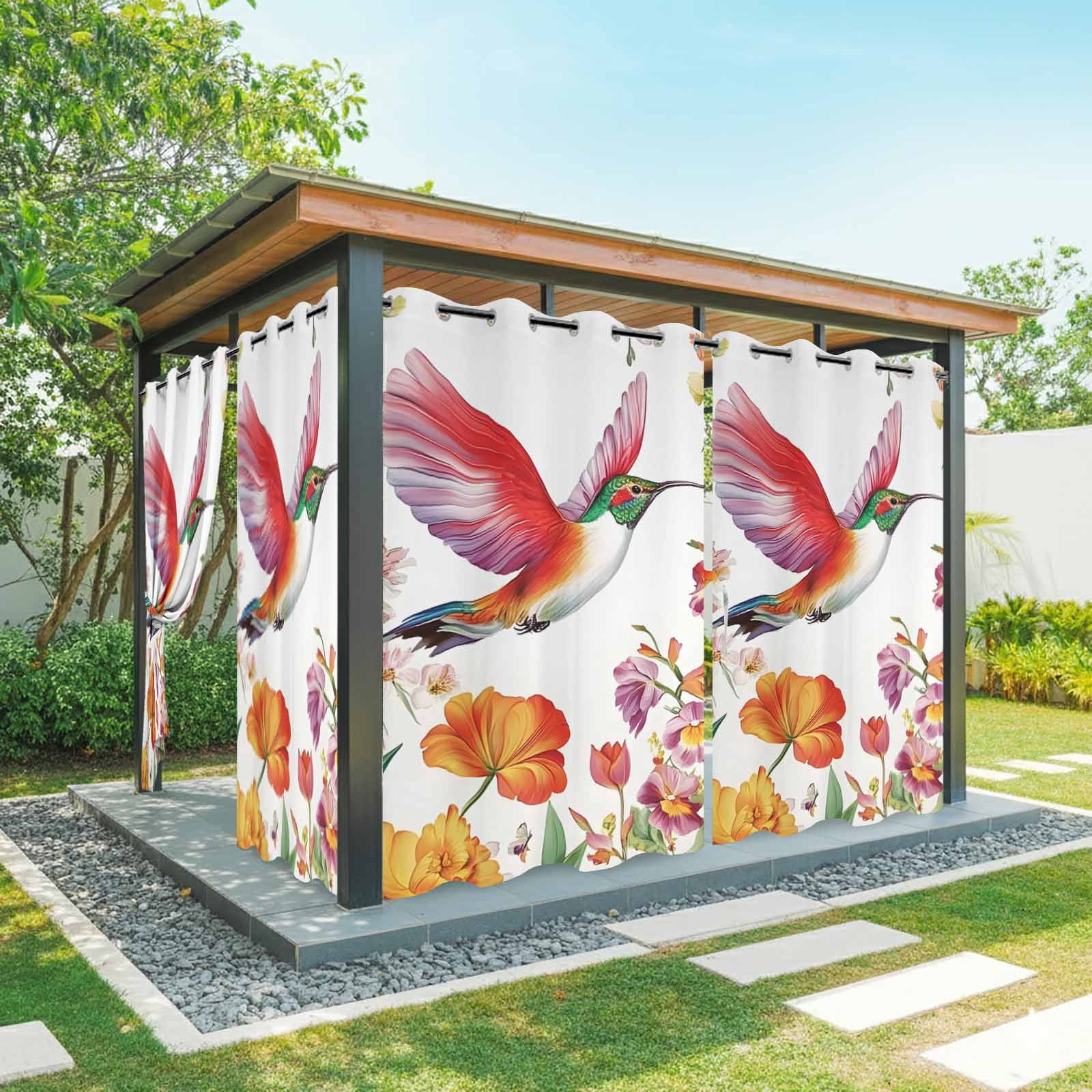 Hummingbird Flower Outdoor Curtains for Patio Waterproof, Spring Floral ...