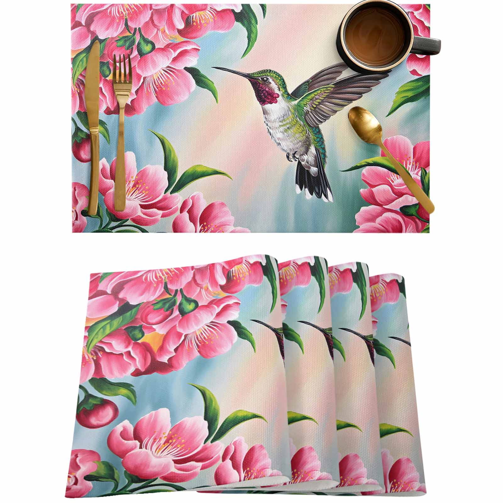 Hummingbird Flower Peach Blossom Placemats Set of 4,Wipeable Washable ...