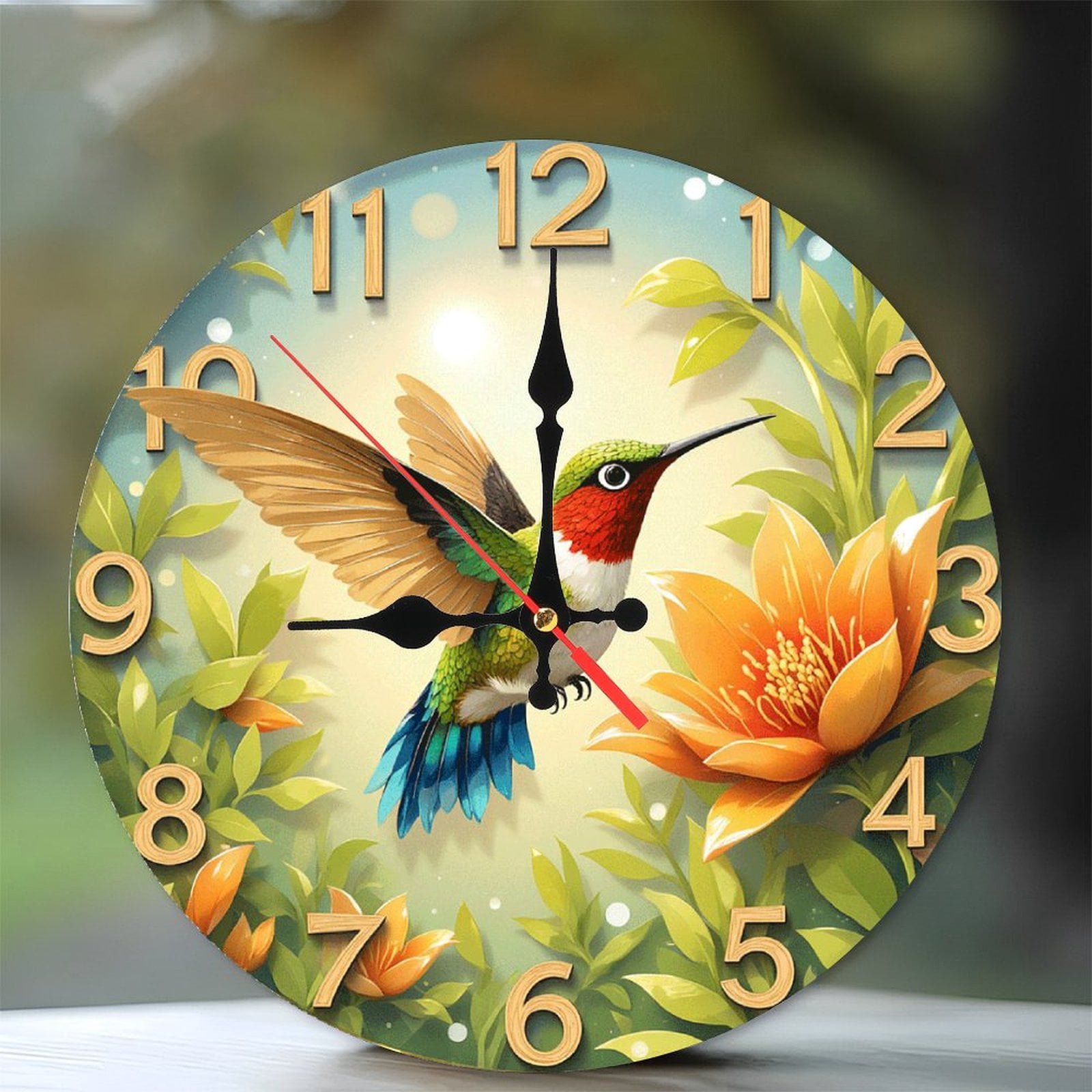 Hummingbird Flower Wall Clock Decorative Art 10-Inch Silent Wooden Wall ...