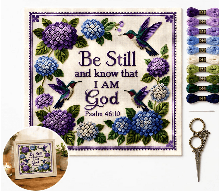 Hummingbird Garden Faith Cross Stitch Kit, Hummingbird & Hydrangea ...