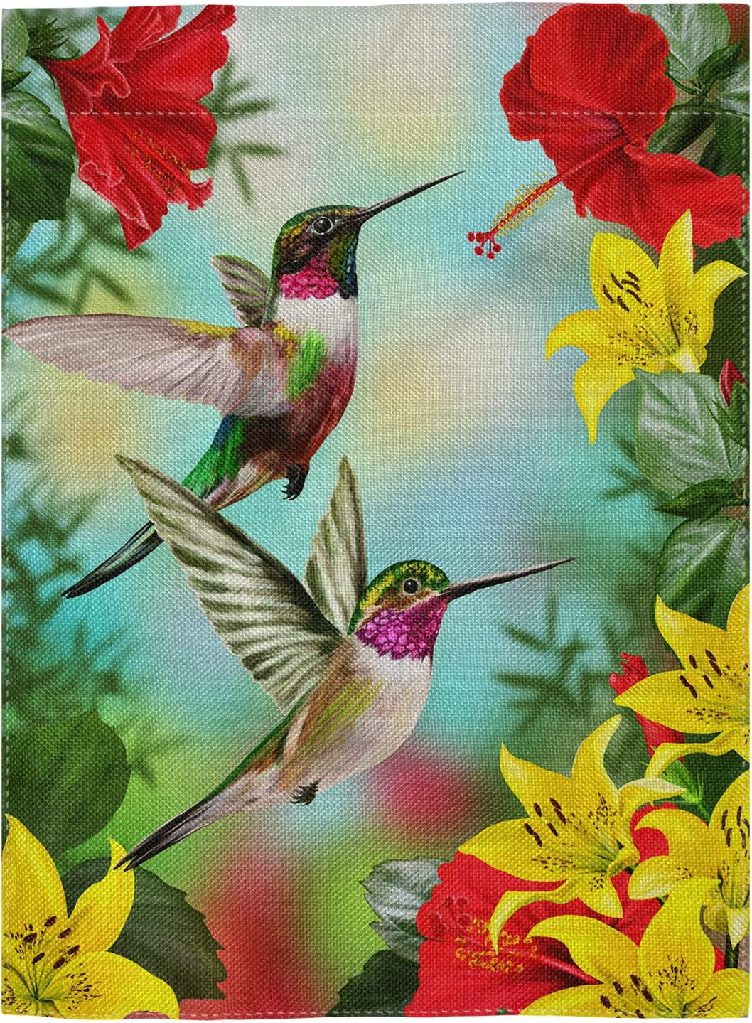 Hummingbird Garden Flag Banner, Red flowering hibiscus and yellow ...