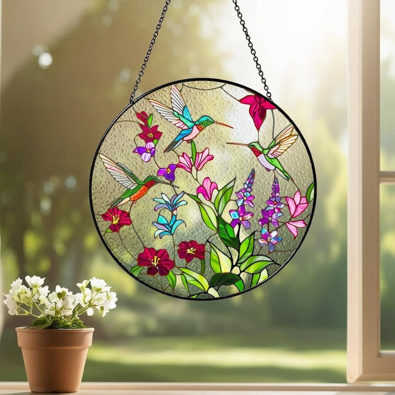 Hummingbird Glass Suncatcher, Hummingbirds & Wild Flowers Stained Glass ...