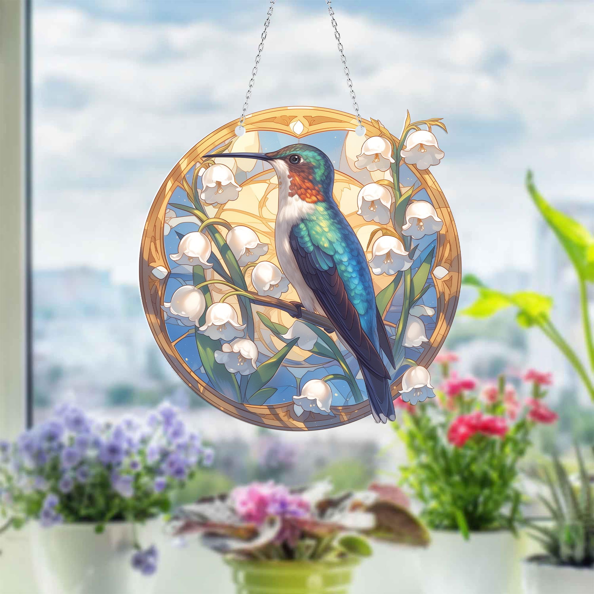 Hummingbird Harmony Acrylic Window Hanging - Stained Glass Style with Lily of the Valley ...
