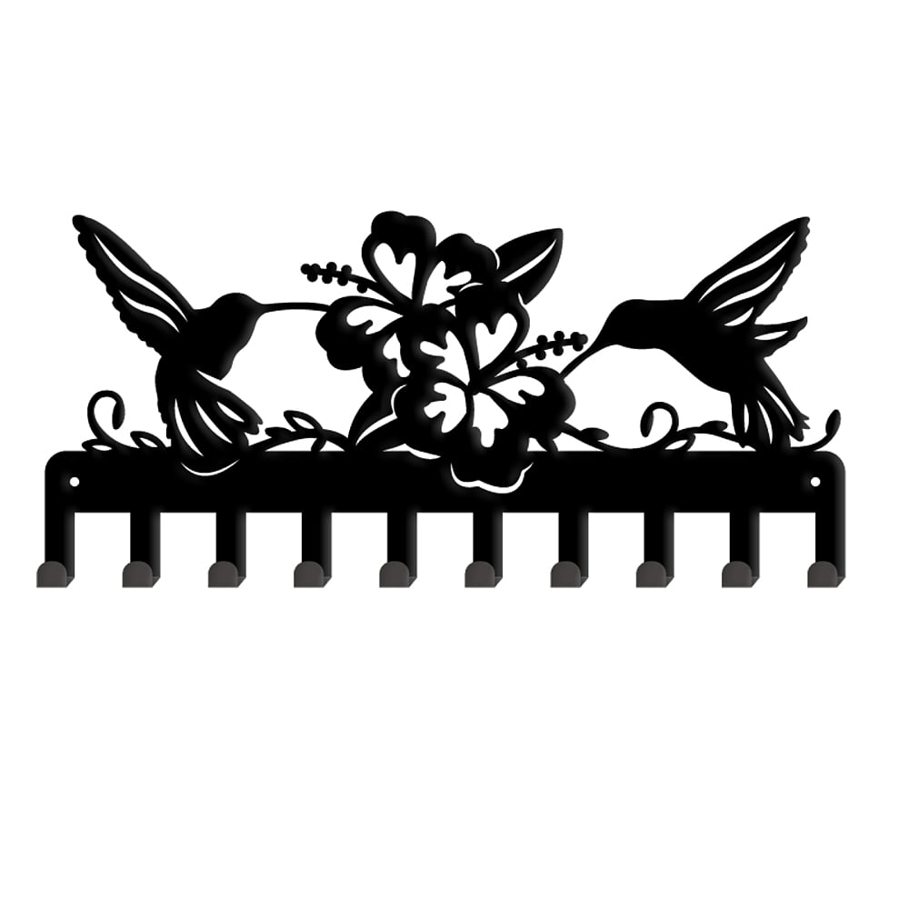 Hummingbird & Hibiscus Flower Iron Wall Mounted Hook Hangers Decorative ...
