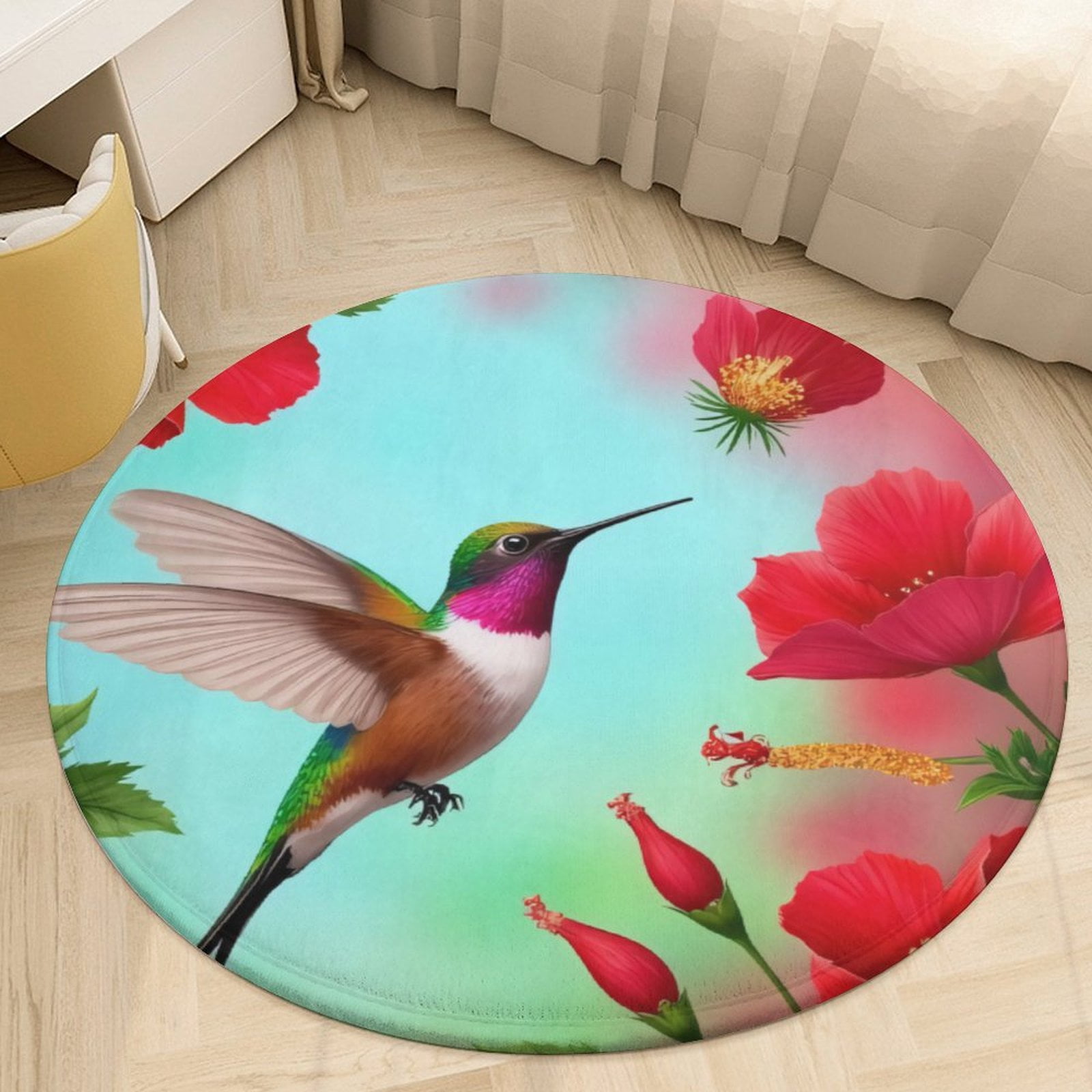 Hummingbird & Hibiscus Garden Round Area Rugs for Bedroom Living Room ...