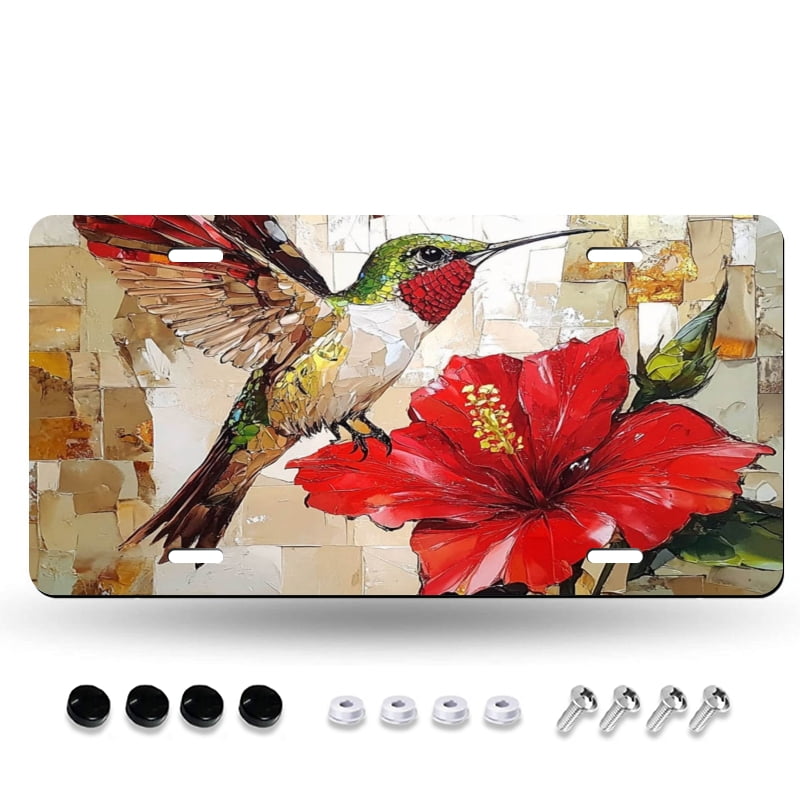 Hummingbird and Hibiscus in Mosaic - Style Artwork License Plate Frame ...
