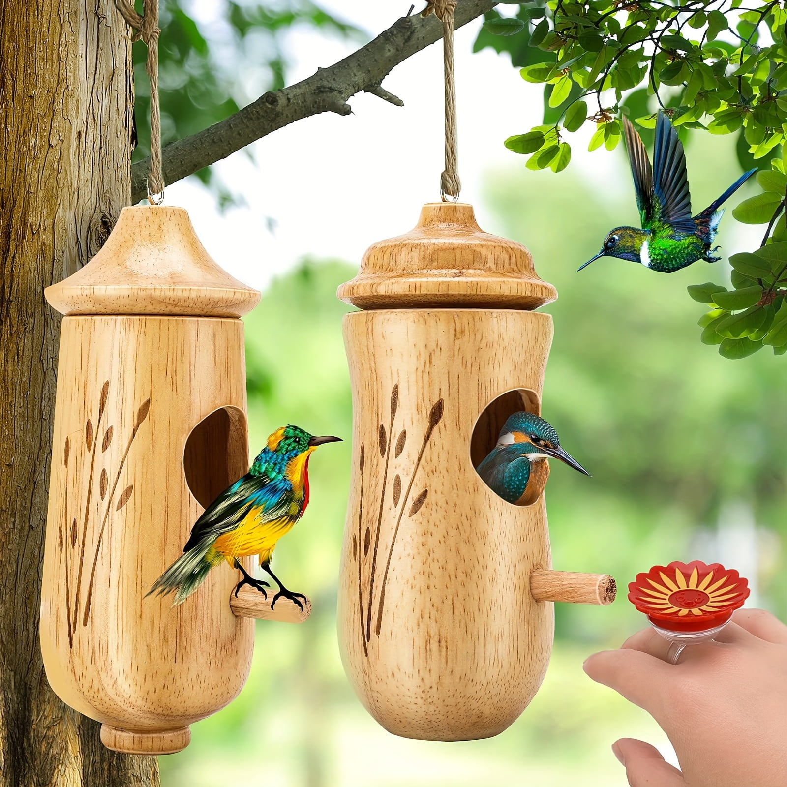 Hummingbird House, 2PCS/3PCS Bird Houses with Hummingbird Ring Feeder ...
