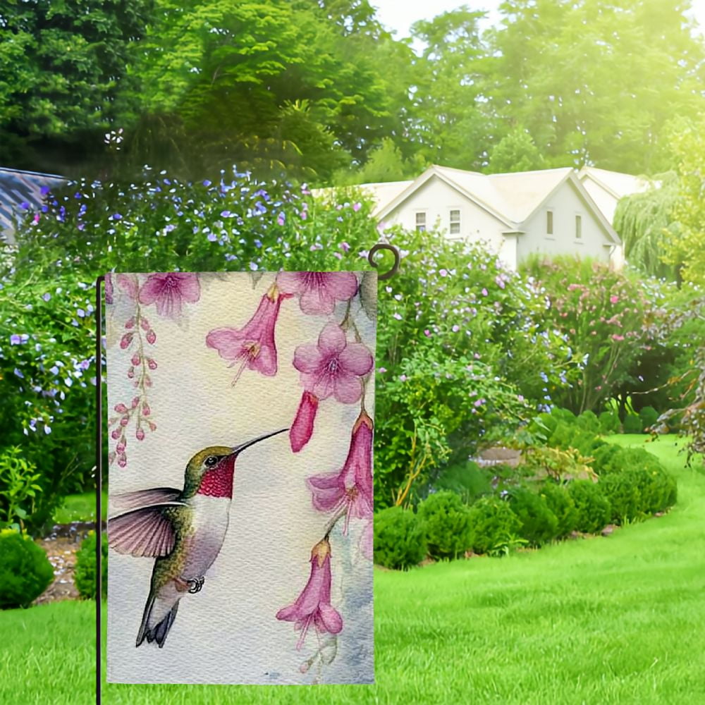 Hummingbird House Flags Double Sided Burlap Purple Flowers and Leaves ...