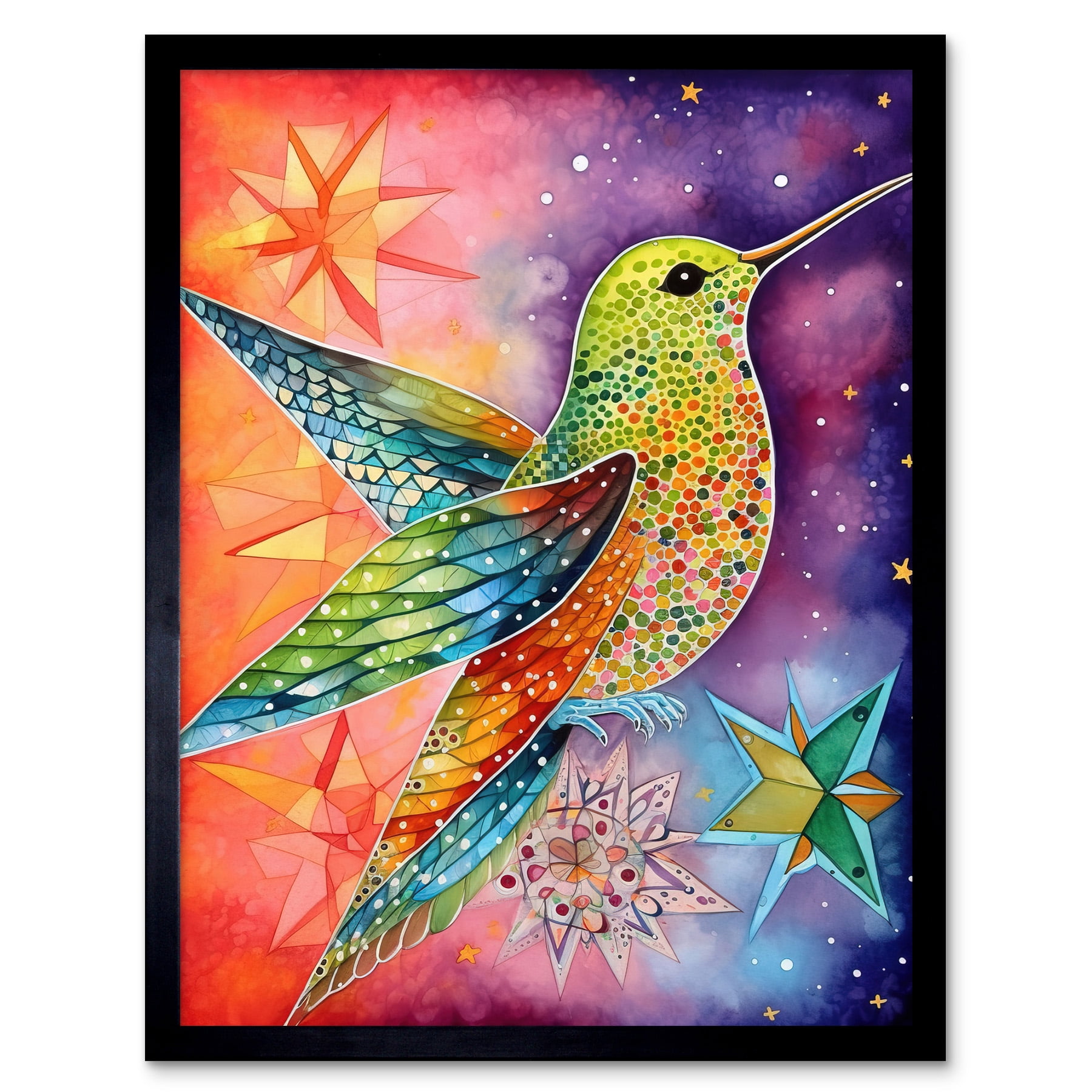 Hummingbird In Vibrant Astral Field Folk Art Watercolour Painting Art ...
