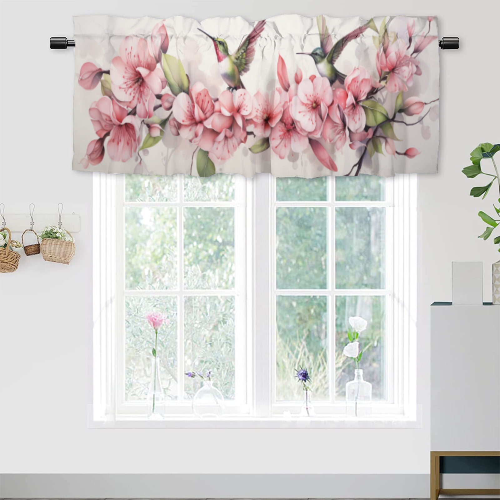 Hummingbird Kitchen Curtain Valances Pink Floral Flowers Spring Green ...