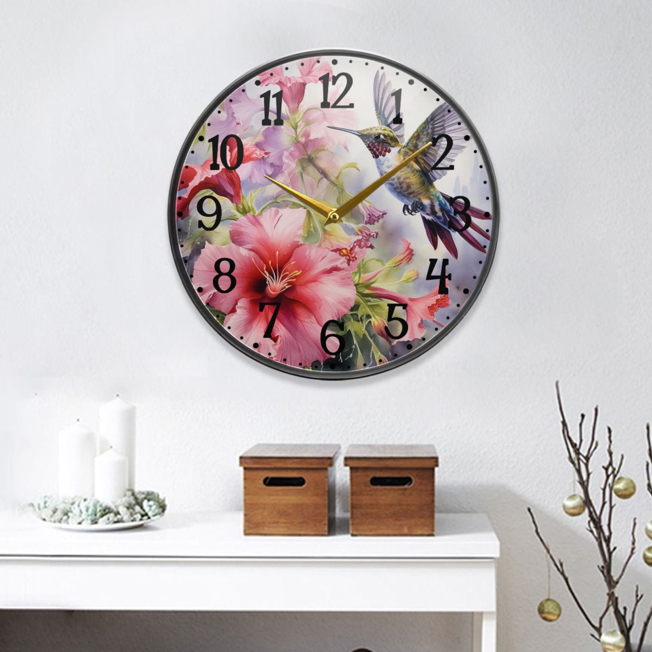 Hummingbird Lily Floral Round Wall Clock 12 Inch Non-Ticking Silent ...