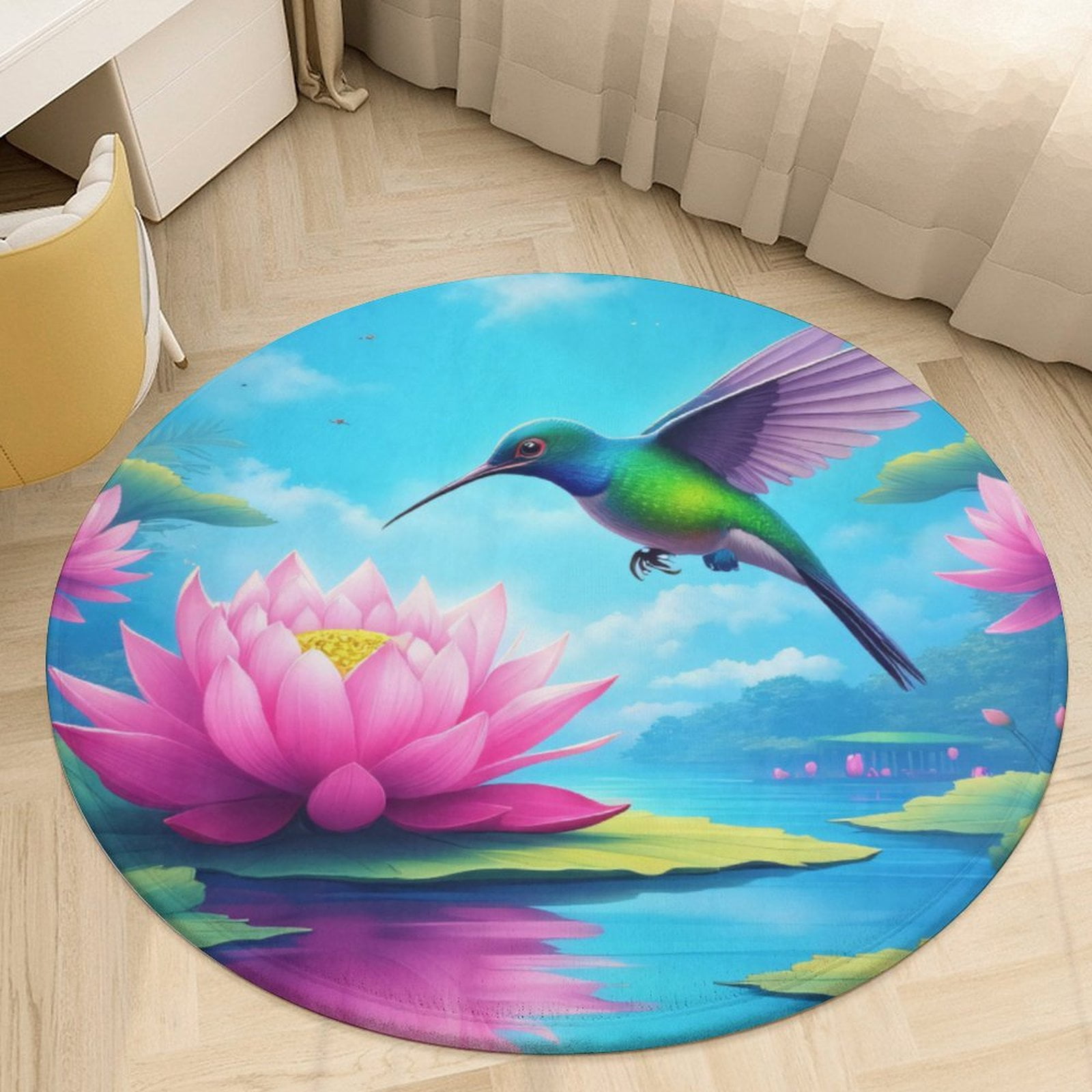 Hummingbird Lotus Bloom Round Area Rugs for Bedroom Living Room, 6FT ...