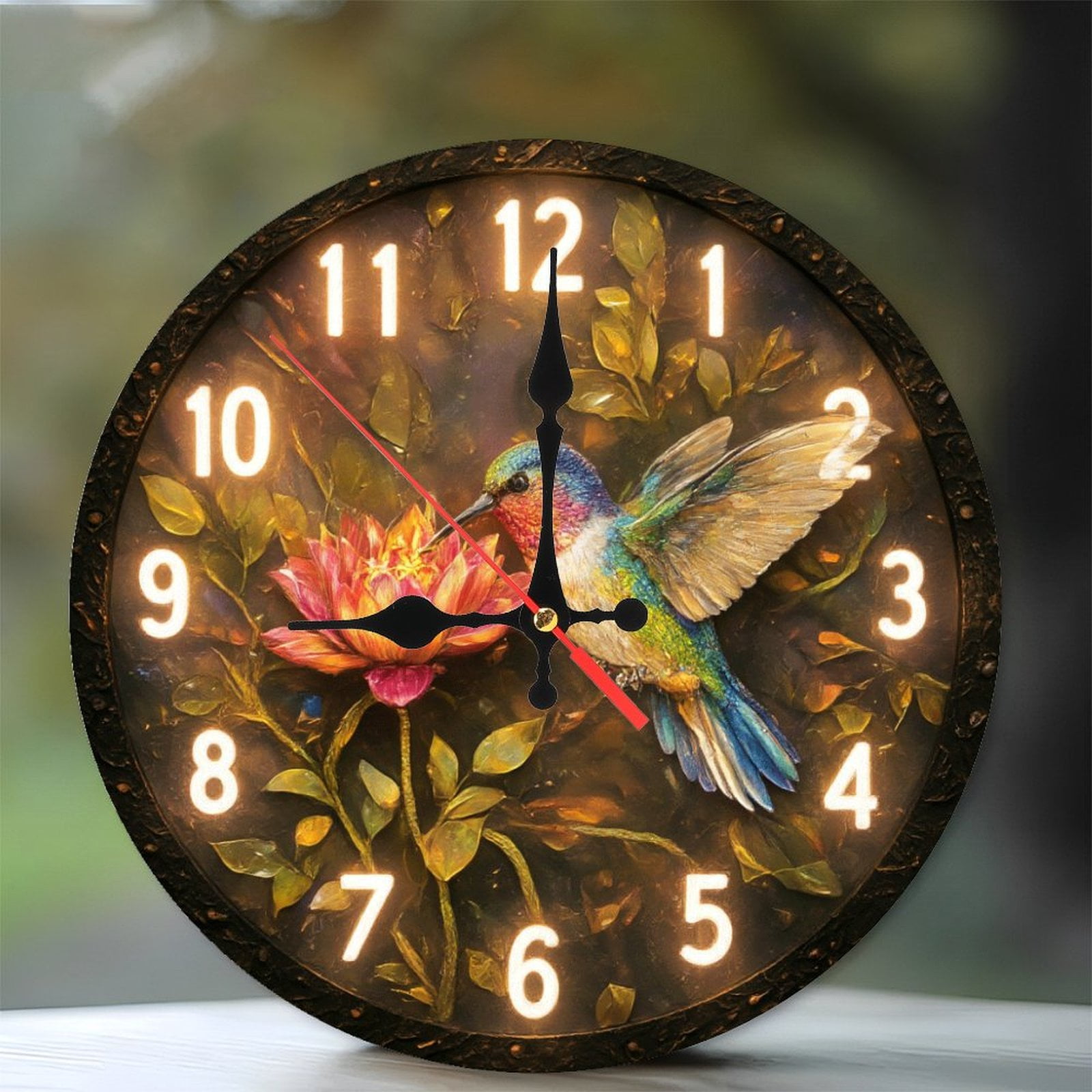 Hummingbird Lotus Flower Wall Clock Illuminated Art Decor 10-Inch ...