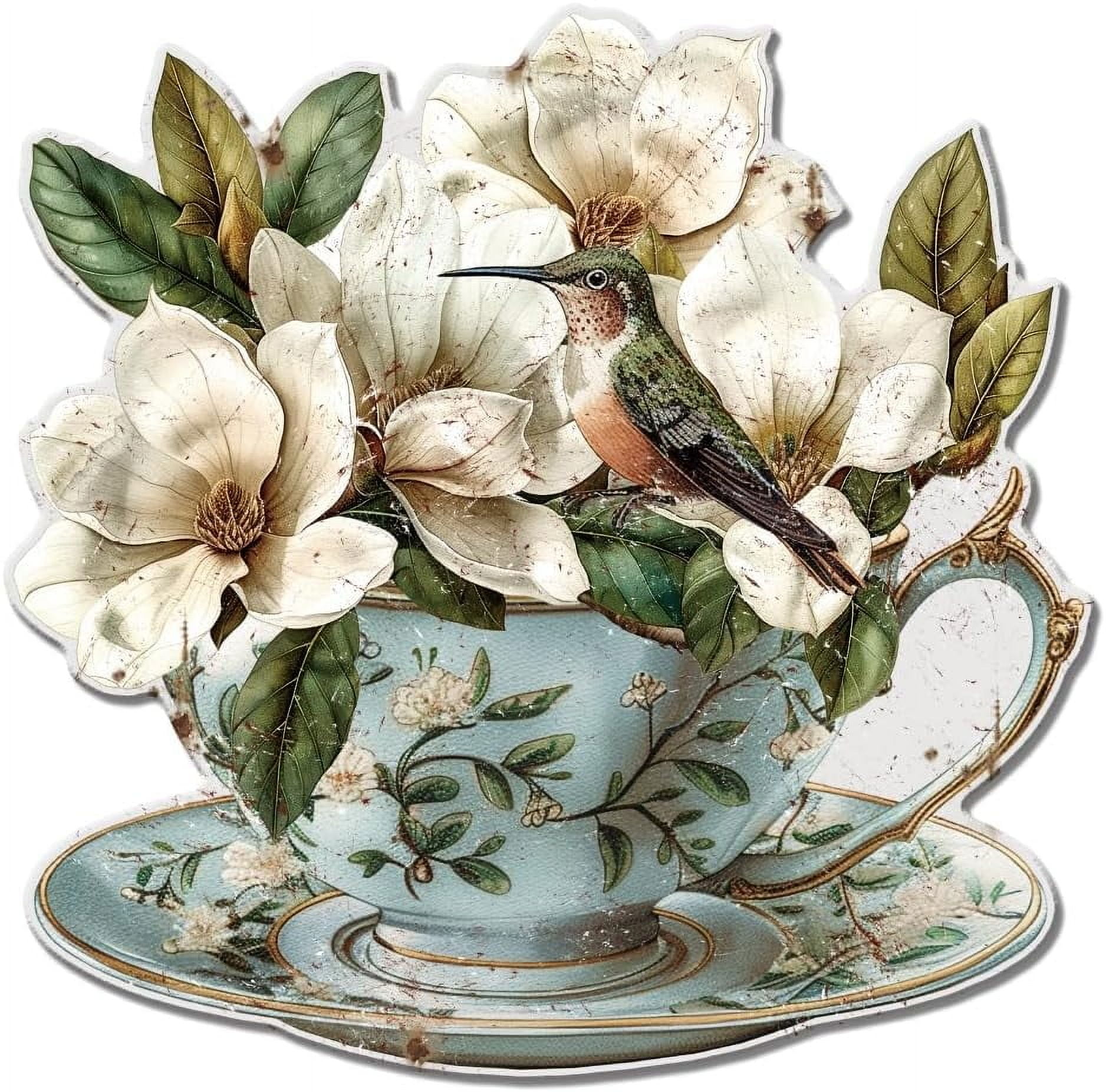 Hummingbird and Magnolia Flower Metal Tin Sign Flower Teacup Vintage ...