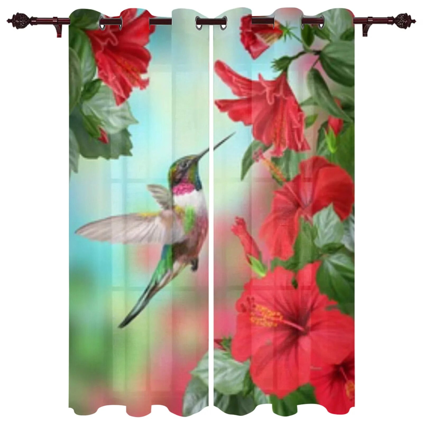 Hummingbird On Red Hibiscus Flower Window Curtain For Living Room