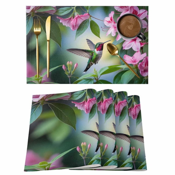 Hummingbird Pink Floral Cotton Linen Placemats Set of 12, Spring Bird ...