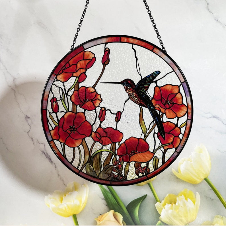 Hummingbird Poppy Stained Glass Suncatcher for Window Hanging Decor Art ...