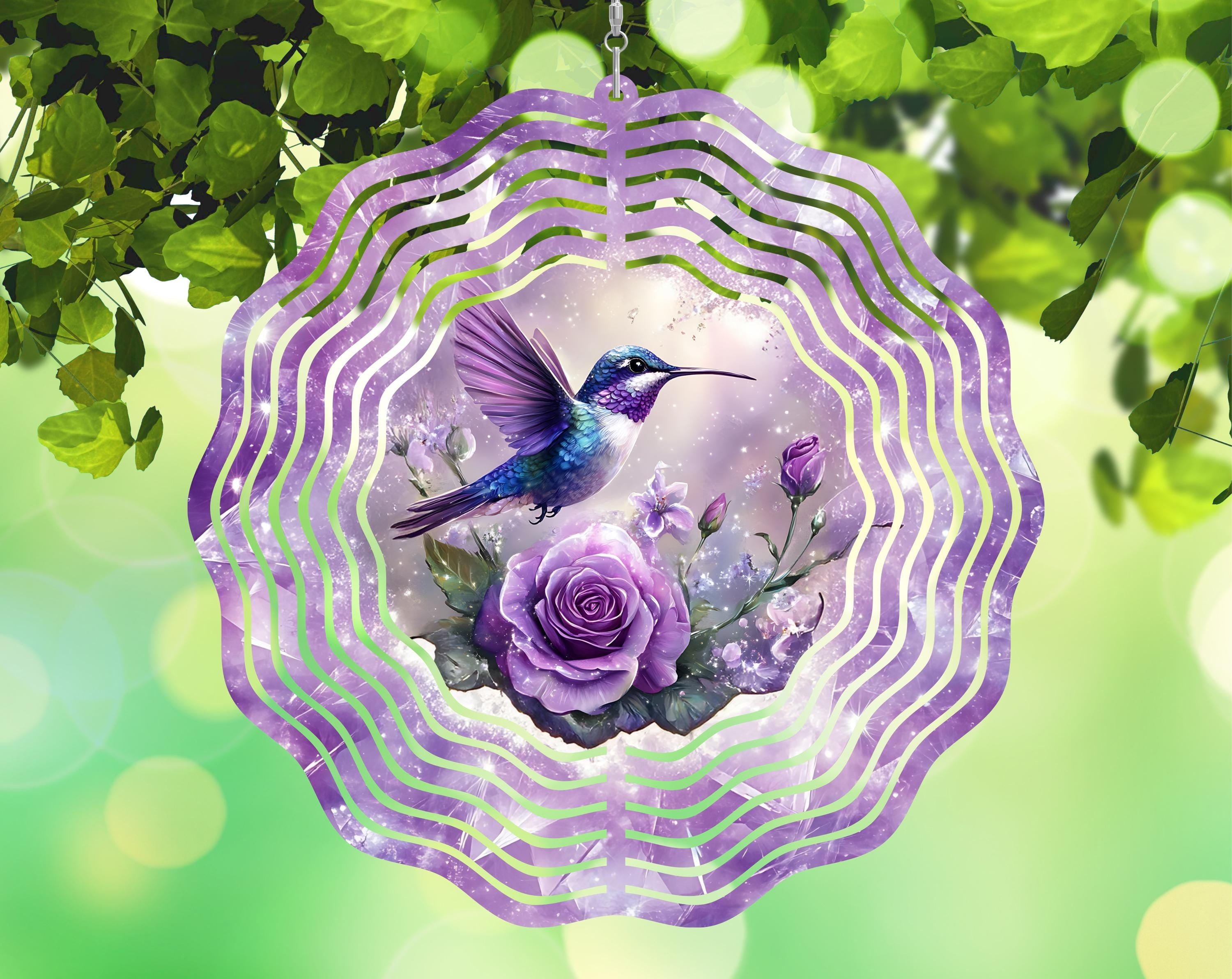 Hummingbird Purple Rose 3D Wind Spinner Glitter Kinetic Yard Art ...