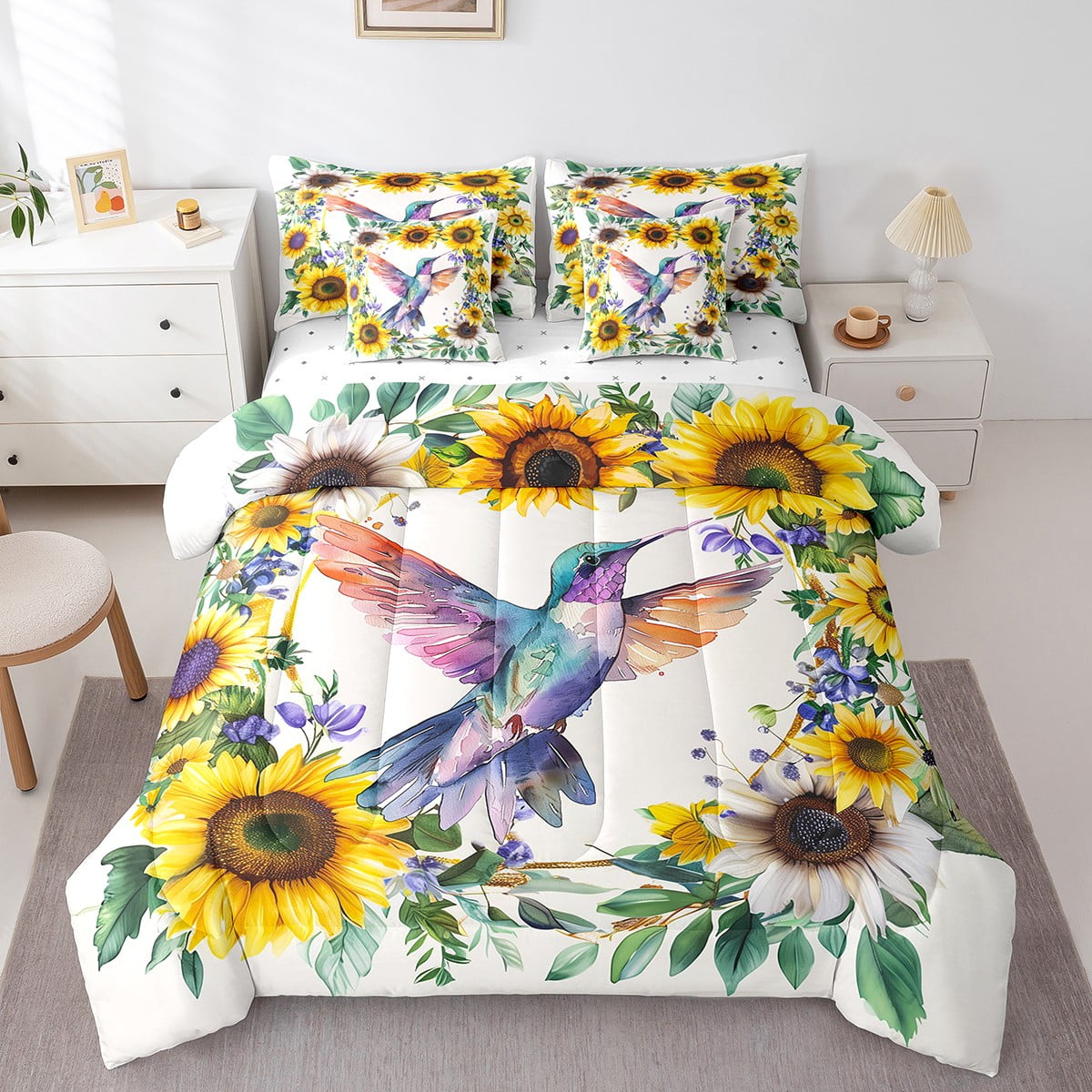 Hummingbird Queen Bedding Set Rustic Sunflower Comforter Set Garden ...