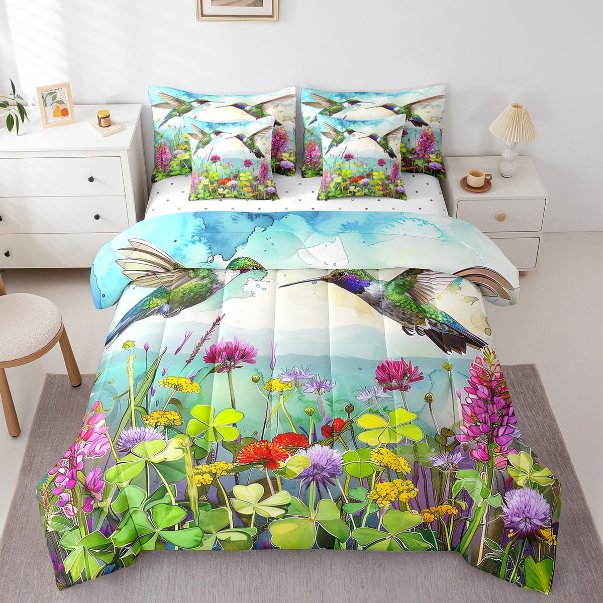 Hummingbird Queen Comforter Set,7 Pieces Soft Microfiber Lovely Bird ...