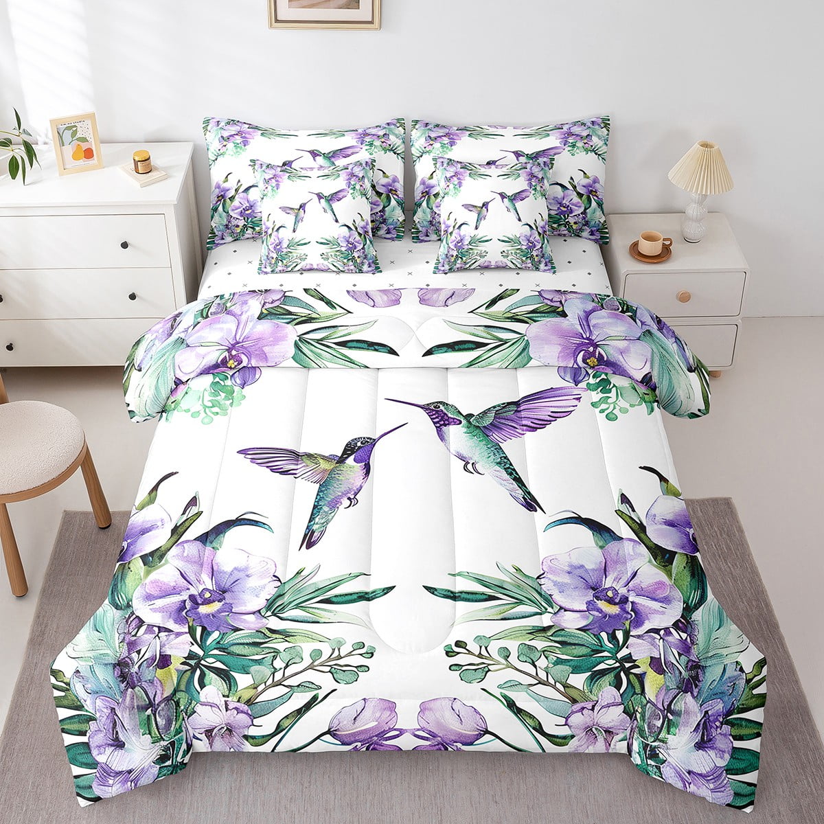 Hummingbird Queen Size Comforter Set with Sheets Purple Flowers - 7 ...