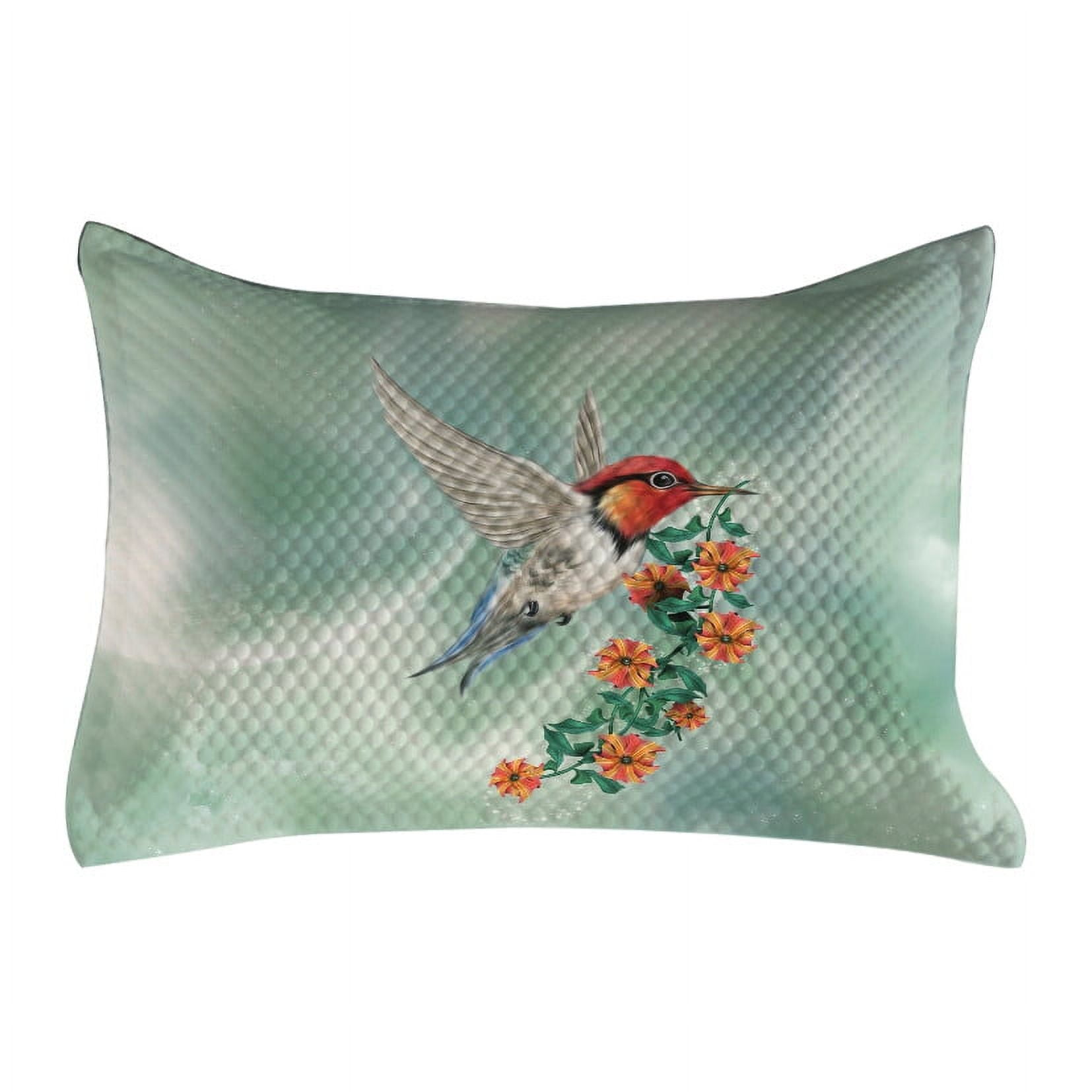 Hummingbird Quilted Pillowcover, Bird Is Flying Flowered Branch Floral ...